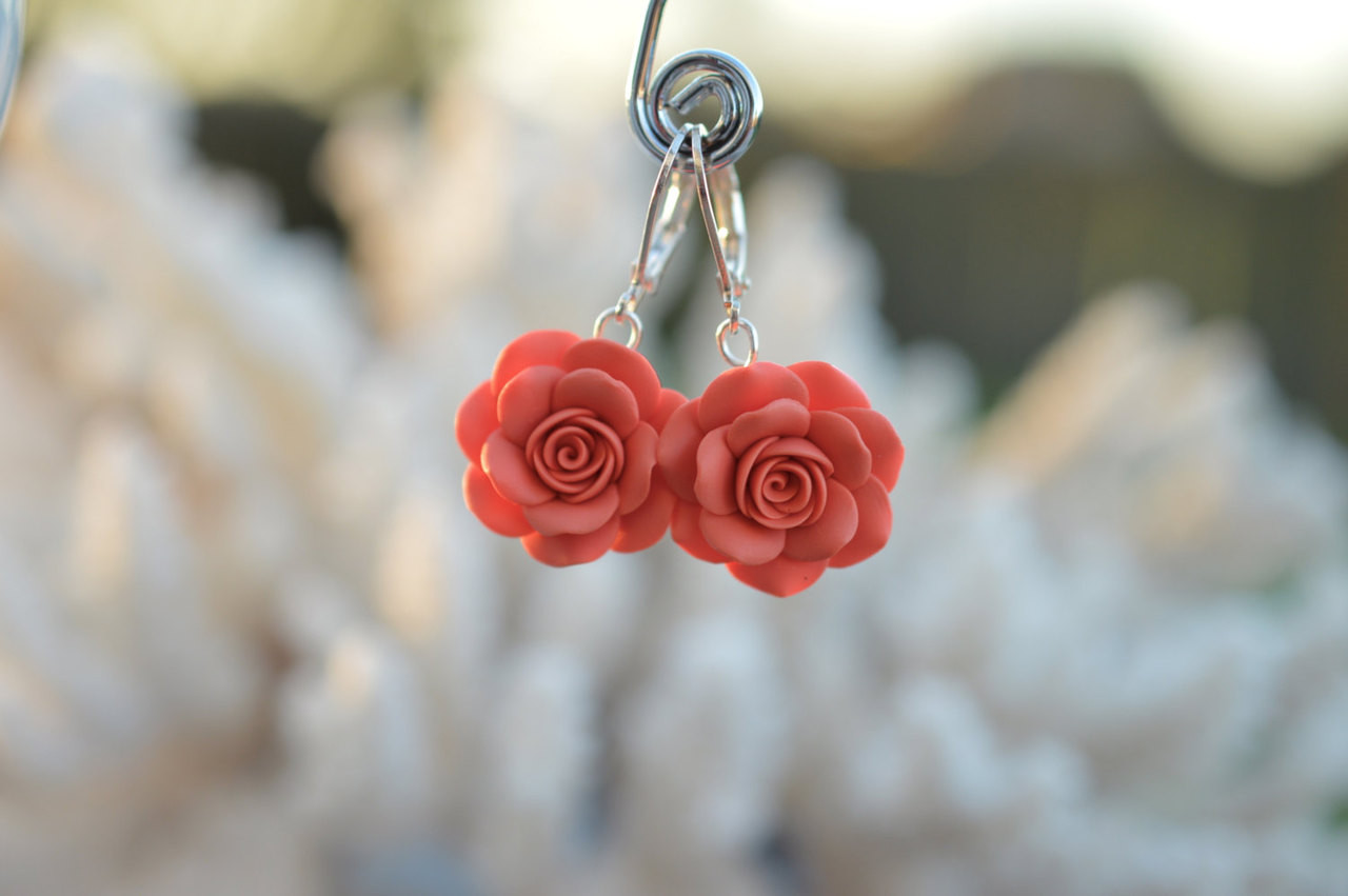 Coral Rose Dangle Earrings.