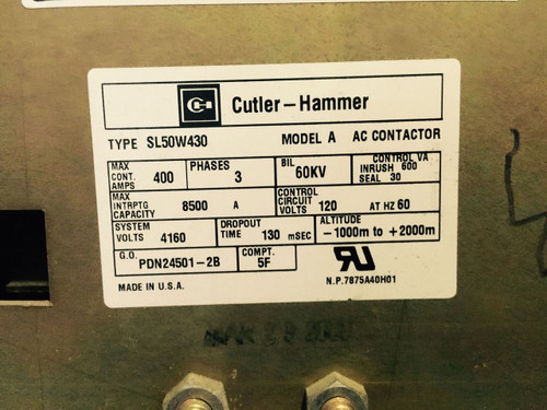 Cutler Hammer SL50W430 Contactor Vacuum 4160 Volt RM - National Circuit ...