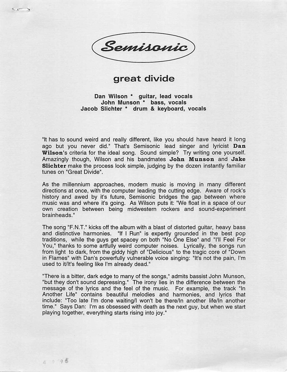 Semisonic Photo b&w Glossy 8x10 Photo & 3 Page Press Kit Great Divide ...