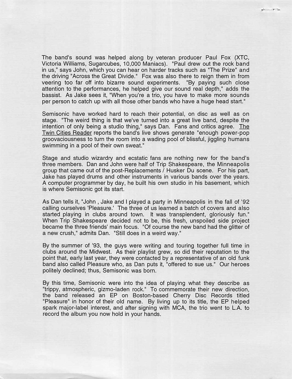 Semisonic Photo b&w Glossy 8x10 Photo & 3 Page Press Kit Great Divide ...