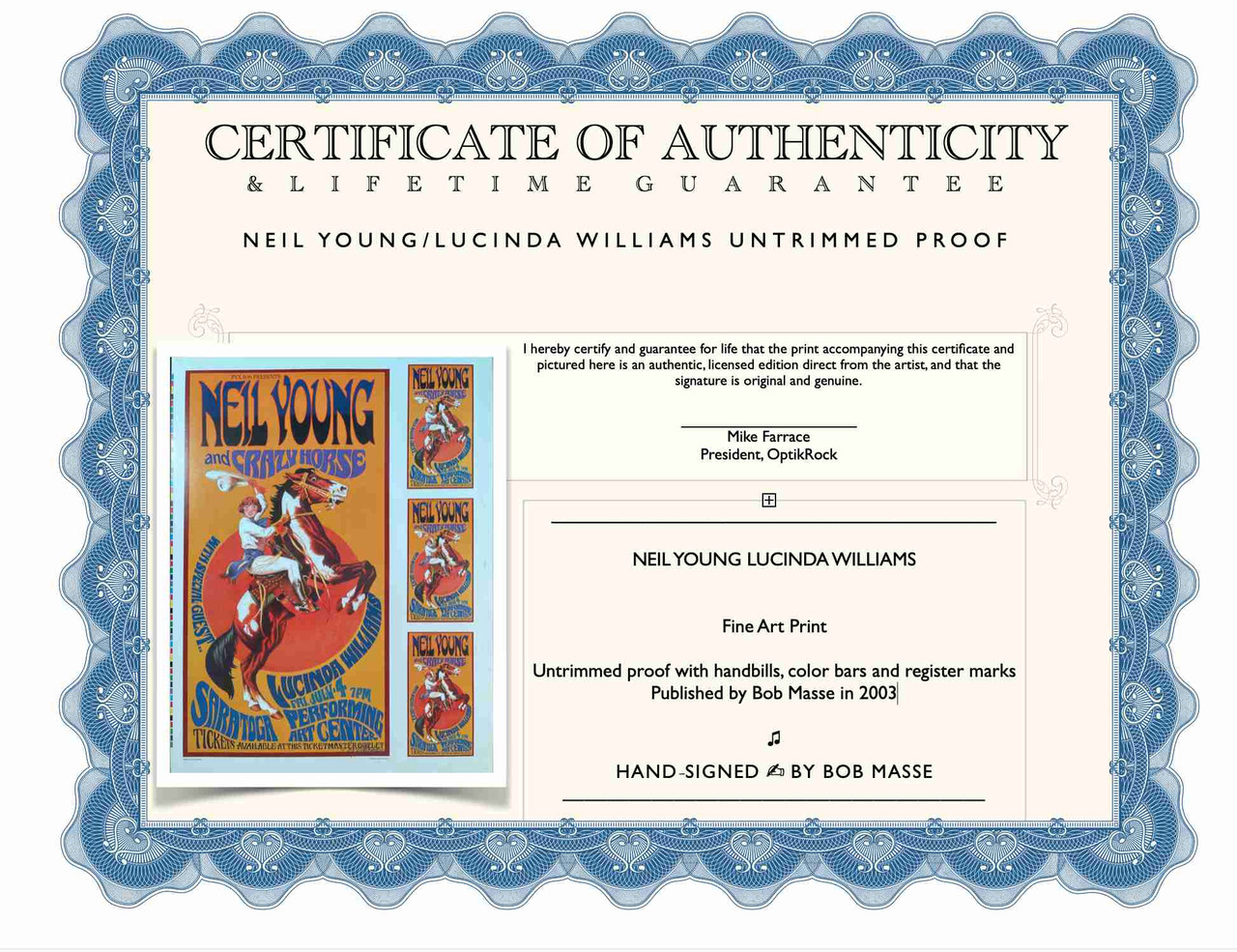 RARE UNCUT Neil Young Poster w Lucinda Williams Hand-Signed by Bob ...