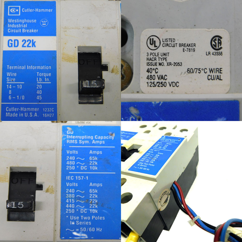 Cutler-Hammer GD 22k 15A Industrial Circuit Breakers 480VAC 125/250VDC (2)