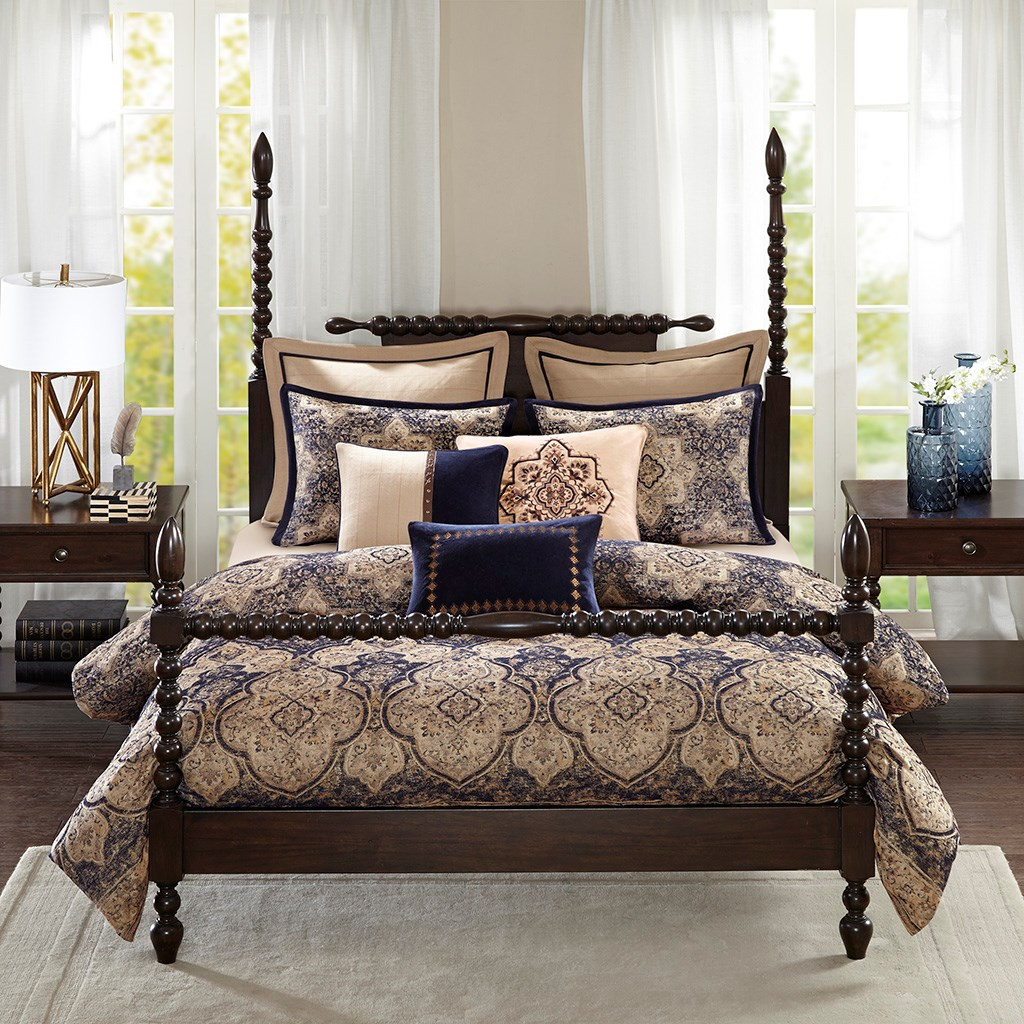 Gold And Blue Damask Jacquard Woven Comforter Set And Decorative Pillows