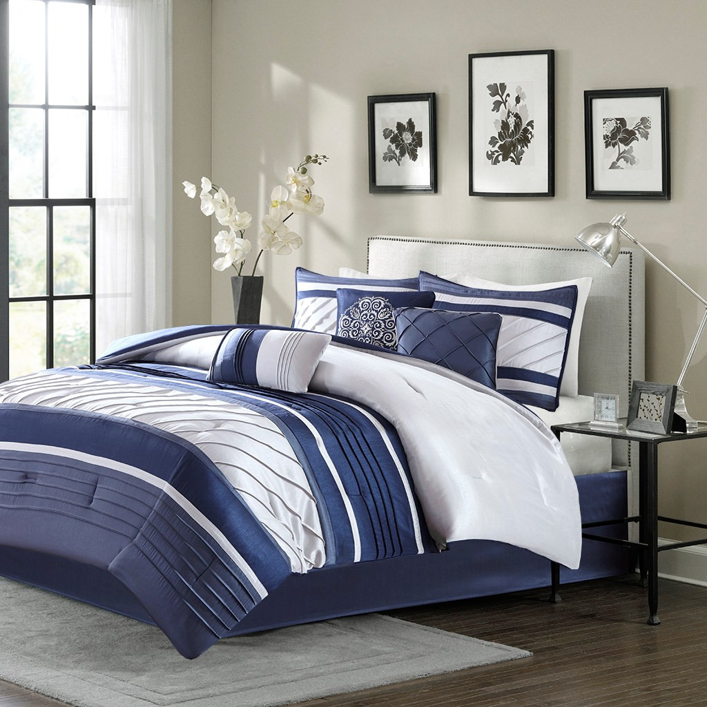 7pc Navy Blue And Soft Grey Striped Comforter Set And Decorative Pillows
