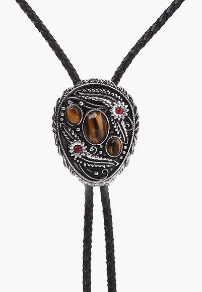 Oval Shaped Engraved Antique Frame with 3 Brown Tiger Eye Stones Bolo Tie