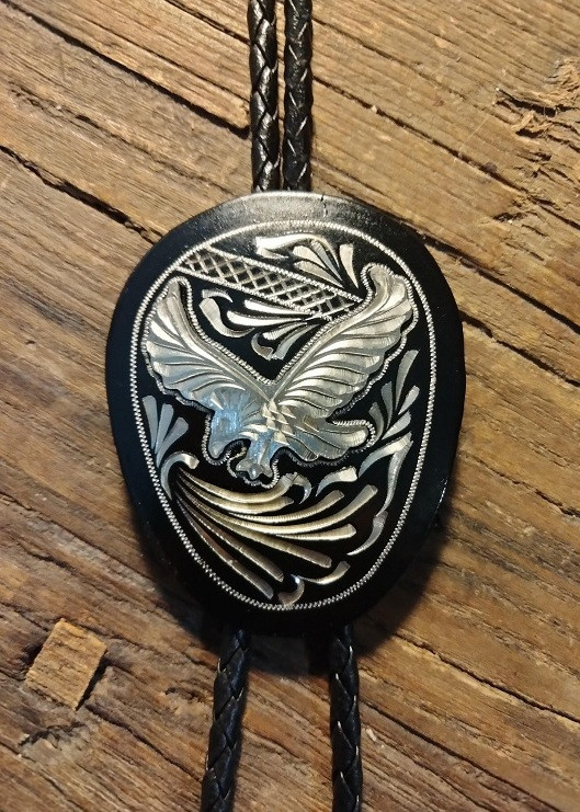 Hand Engraved Black & Silver Eagle Bolo Tie