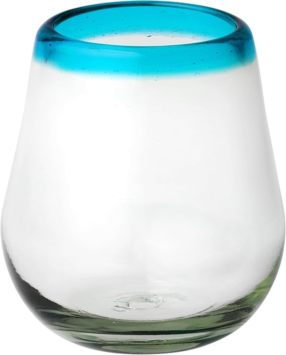 Set of 6, Aqua Rim Stemless Wine Glasses Handblown in Mexico (item5300 ...