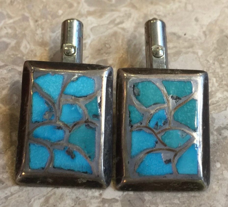 ZUNI PAWN RECTANGULAR SHAPED FISH SCALE TURQUOISE CUFF LINKS - Mudhead ...