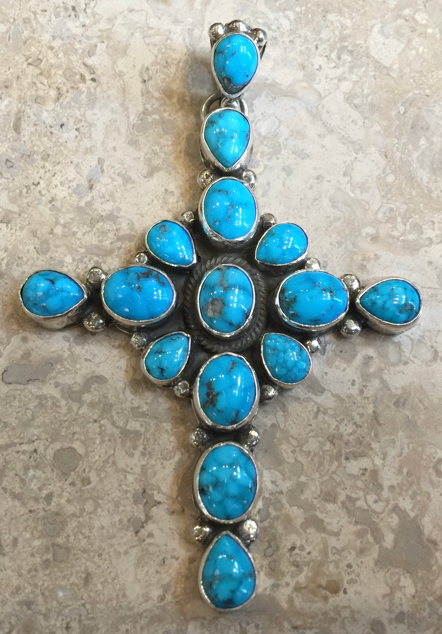 Navajo Sterling Silver 15 Multi-Stone Cabochon Turquoise Cross Roie ...