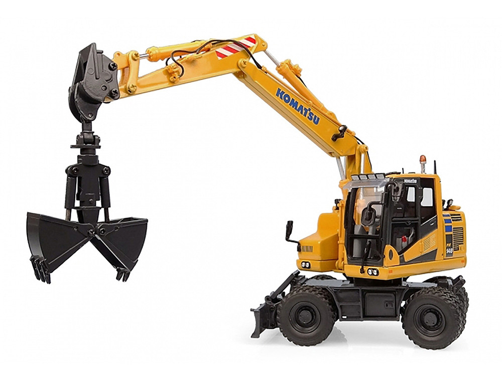 Komatsu PW148 11 Wheel Loader Yellow with Standard and Clamshell Buckets 1 50 Diecast Model by Universal Hobbies