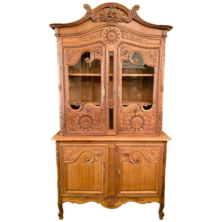 Finely Carved Antique French Provincial Oak Glass Front Buffet En Deux Corps or 2 Piece Buffet Storage Cabinet Circa 1890 s