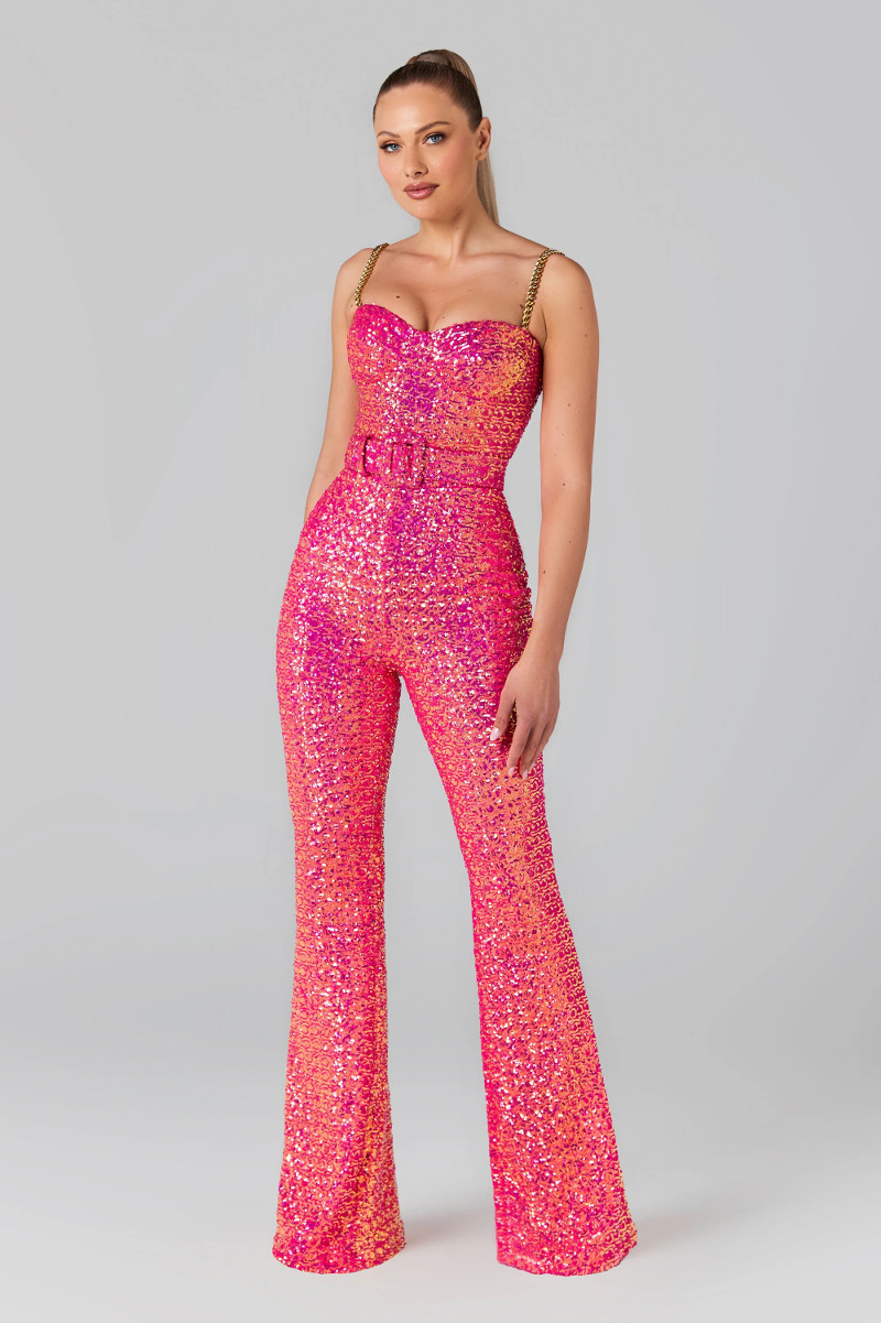 Belt Detail Sequin Jumpsuit Hot Pink