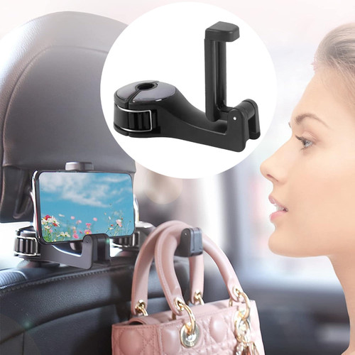 2-IN-1 Headrest Hook Hanger with Cell Phone Holder - Black - HD Accessory