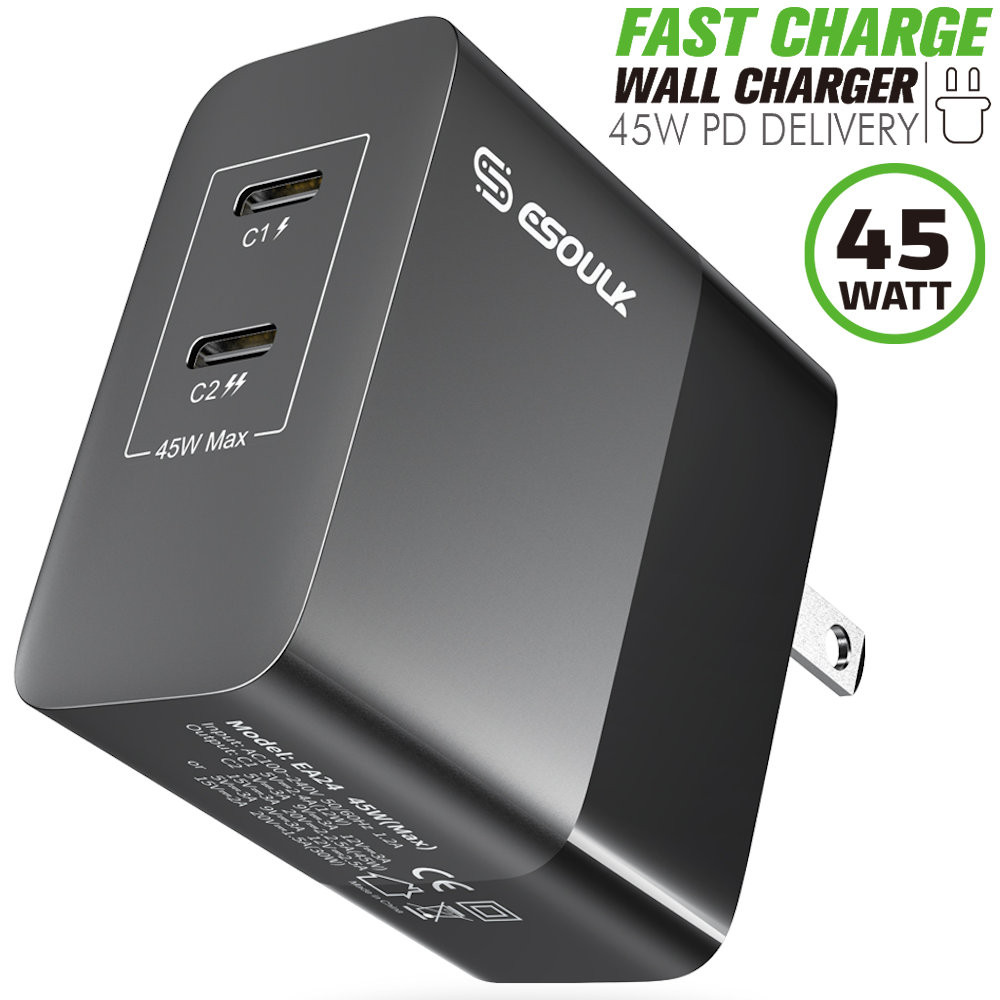 45W Dual USB-C PD Power Delivery Wall Charger - Black - HD Accessory