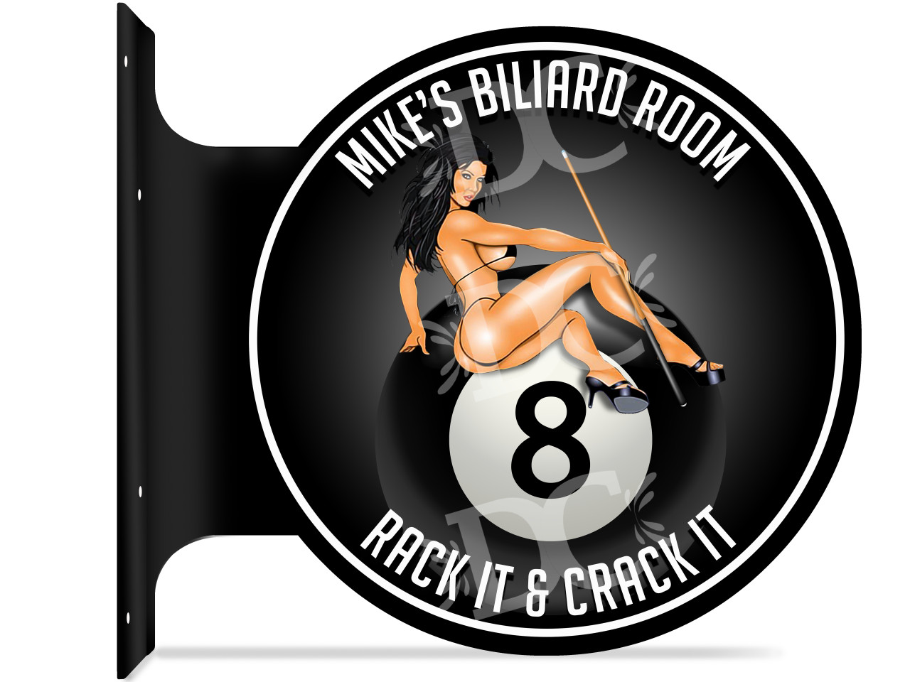 Pool Room Eight Ball Themed Customized Double Sided Metal Flange Sign