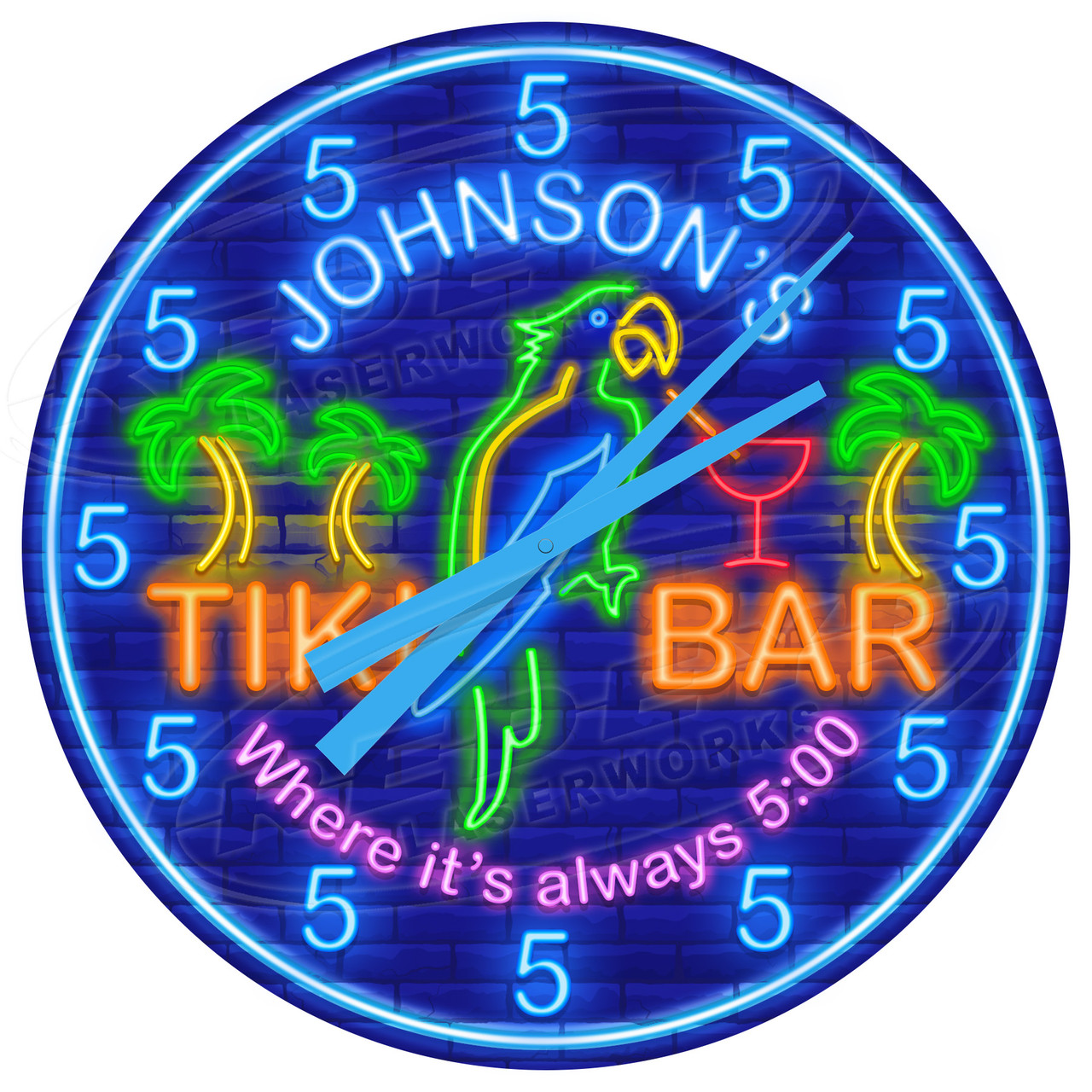 Neon Themed Tiki Bar "Always 5 O'clock" Wall Clock - Redeye Laserworks
