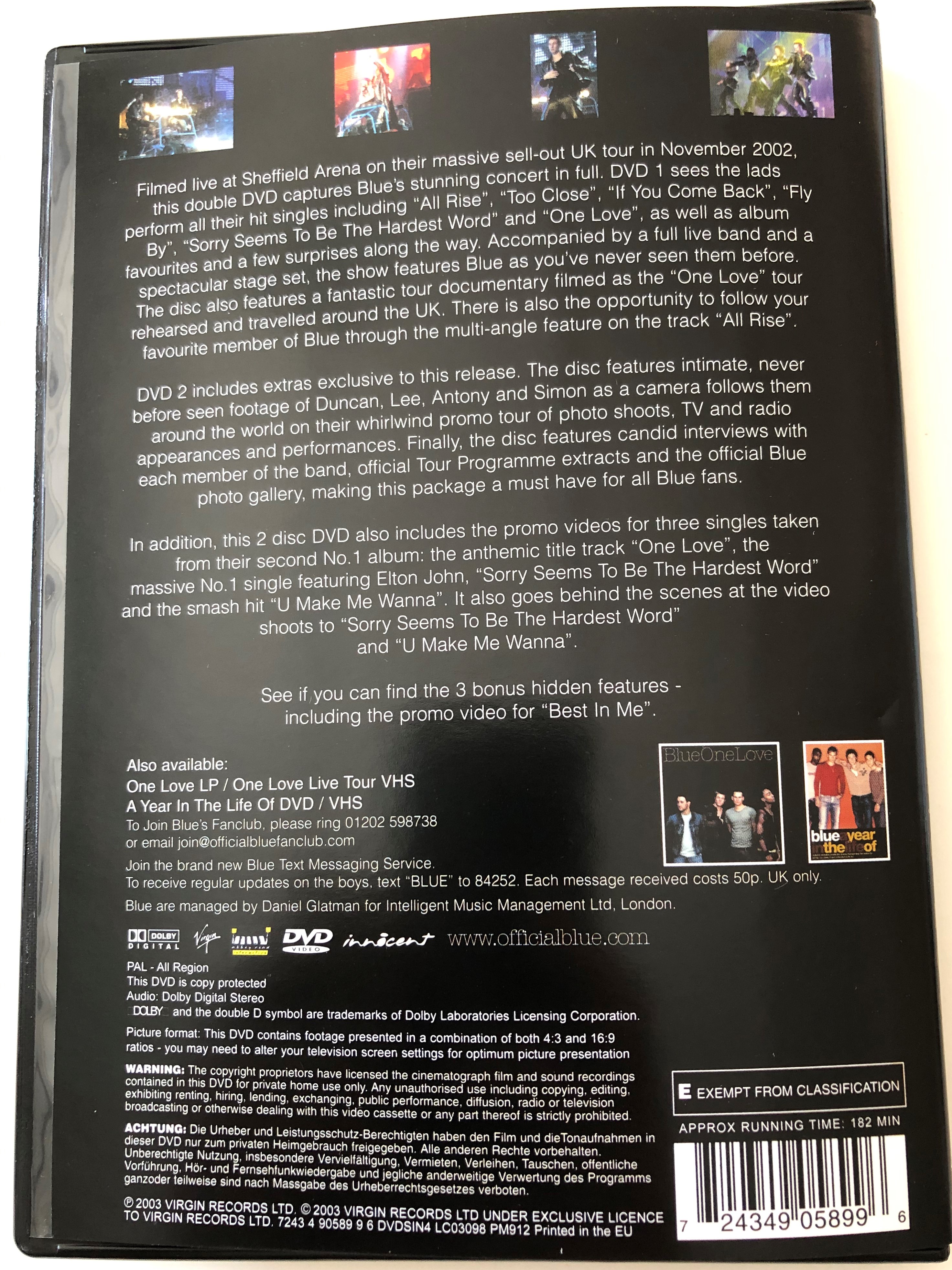 Blue - One Love DVD 2003 Live Tour / Double DVD of the full 2002 ...