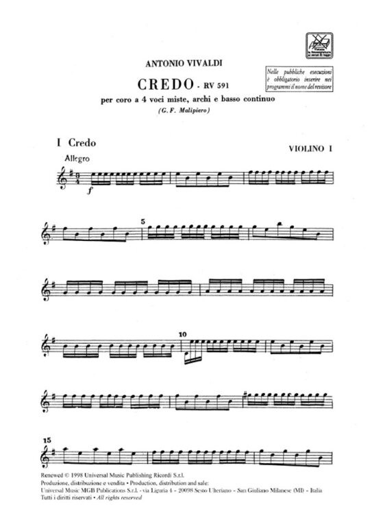 Vivaldi Antonio Credo Per Coro A 4 Voci Miste E Orch Rv 591 Parts