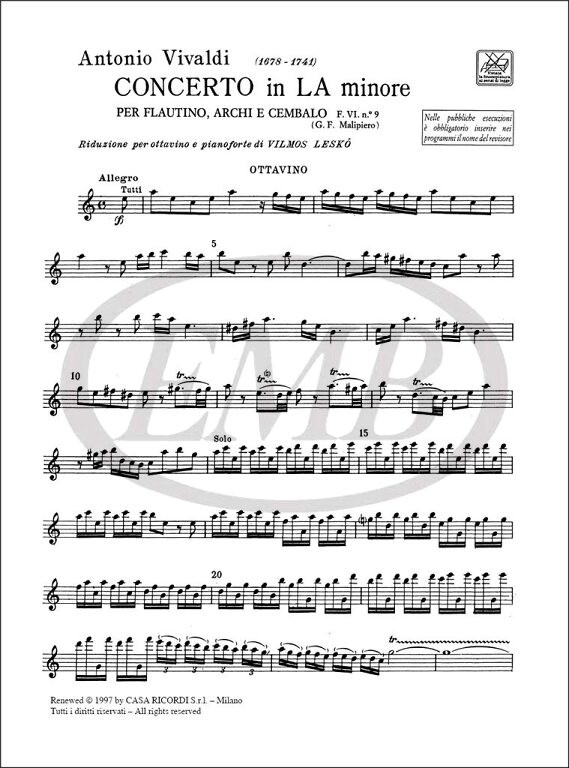 Vivaldi Antonio Concerto In La Minore Per Ottavino Flautino Archi