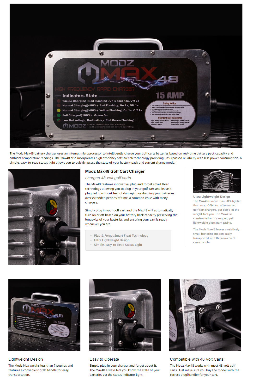 MODZ MAX 48 - Golf Cart High Frequency Rapid Charger - 3 Pin - EZGO RXV ...