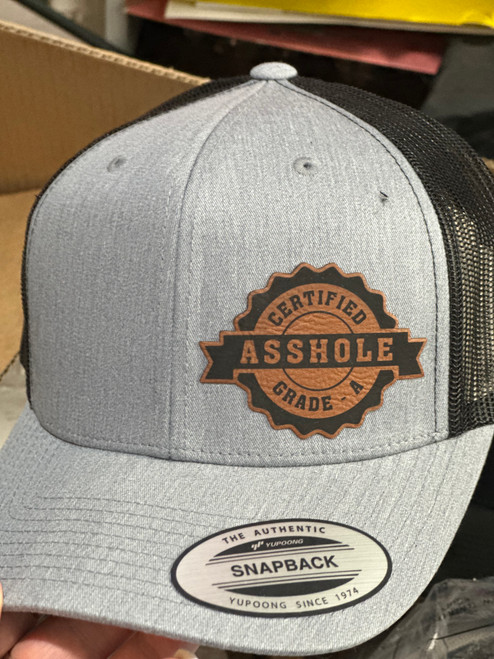Baseball Trucker Cap, Certified Asshole Leather Patch Grey - Go Brazen