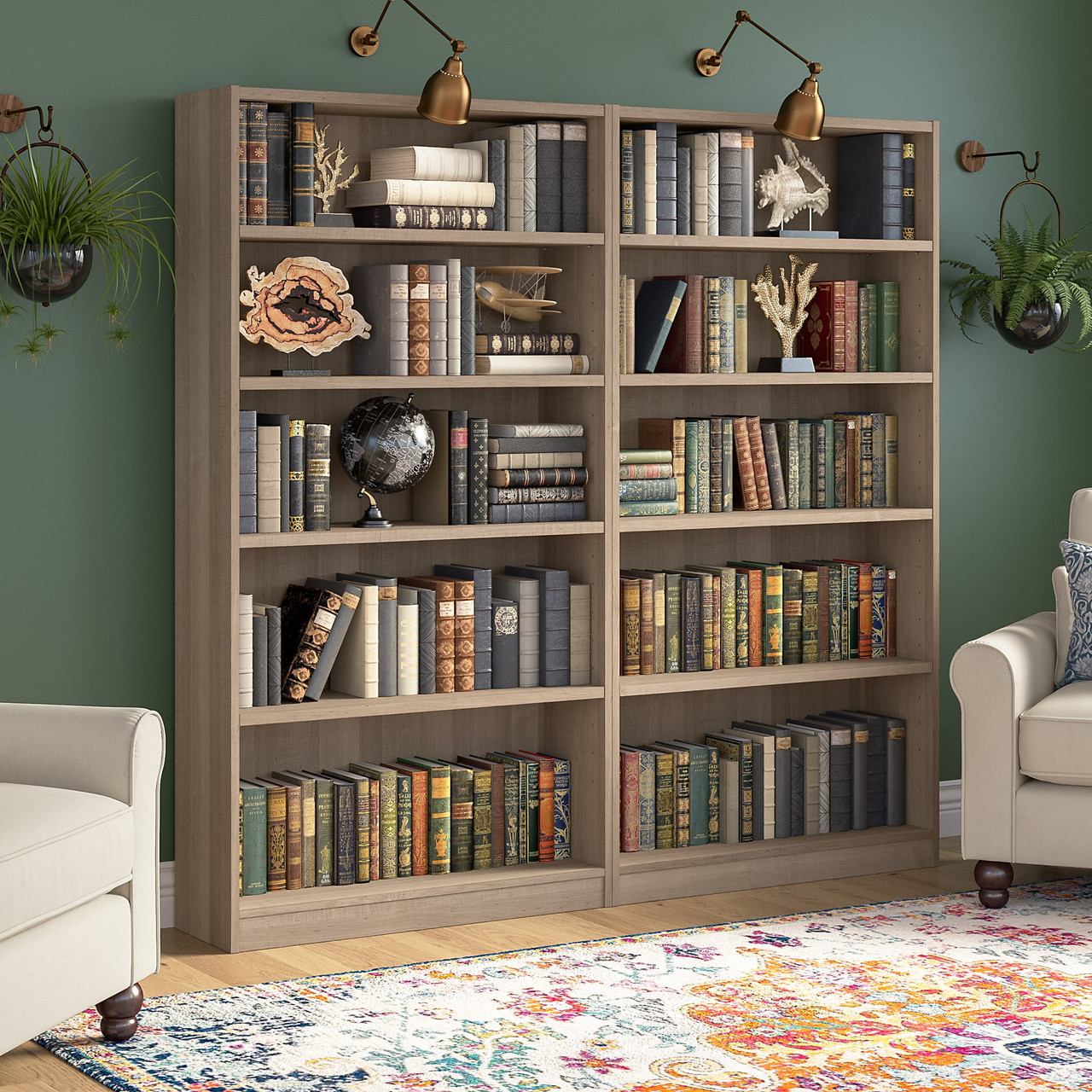 Bush Universal Bookcases Collection 5 Shelf Bookcase Set of 2 Ash Gray ...