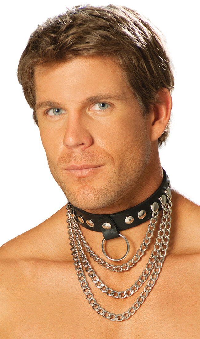 Leather Collar Triple Chains Studs