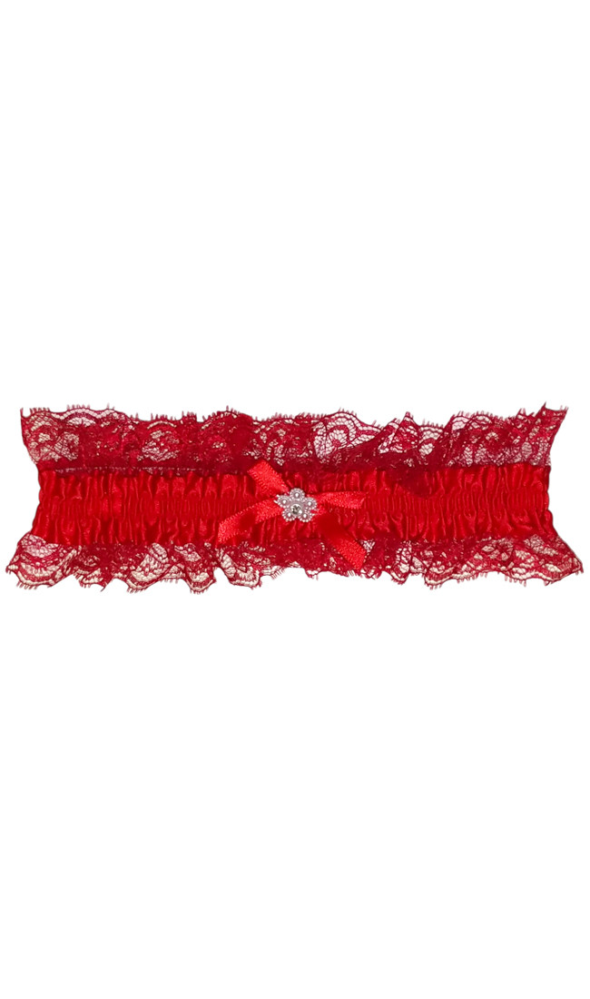 Satin Lace Leg Garter Faux Jewel Accent Red