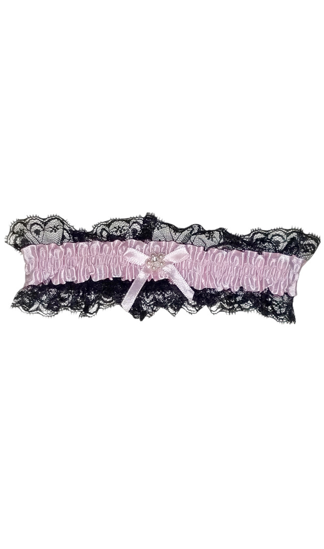 Satin Lace Leg Garter Faux Jewel Accent Baby Pink Black