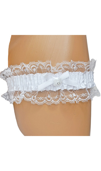 Satin Lace Leg Garter Faux Jewel Accent White