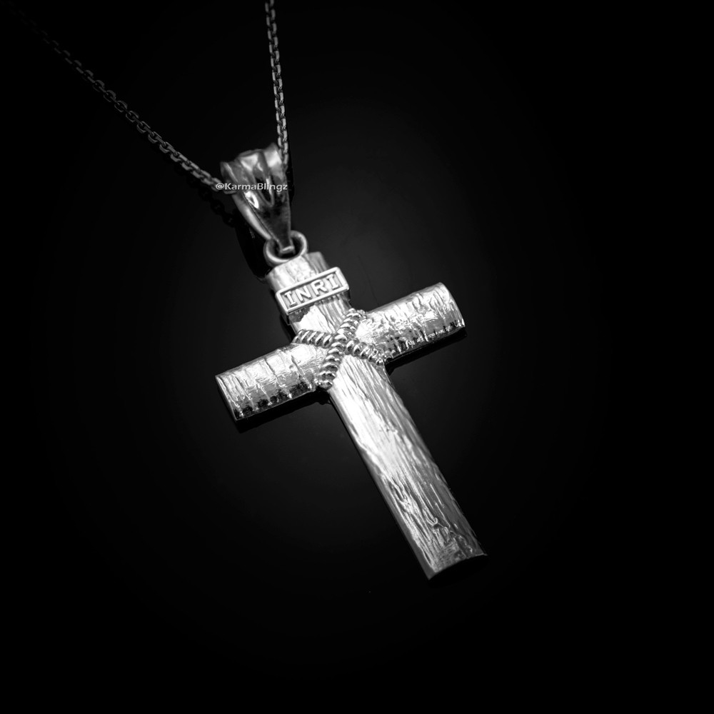 Sterling Silver Woodgrain Rope Cross Pendant Necklace