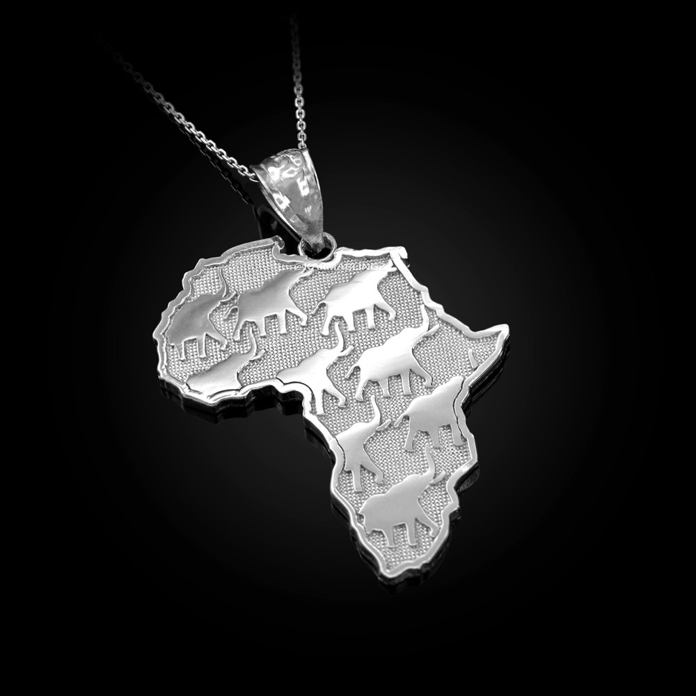 Sterling Silver African Elephants Africa Map Pendant Necklace