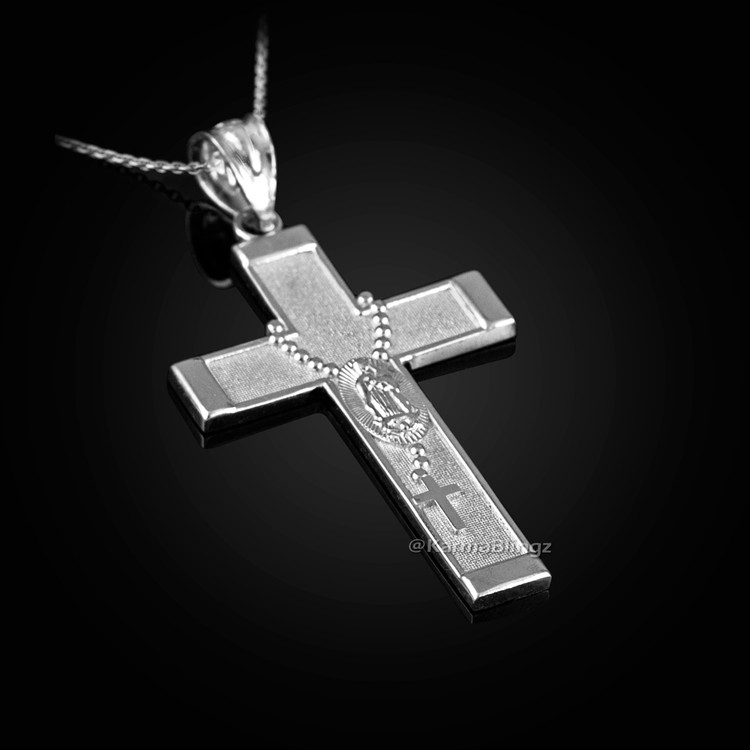 Sterling Silver Latin Cross Guadalupe Rosary Pendant Necklace.