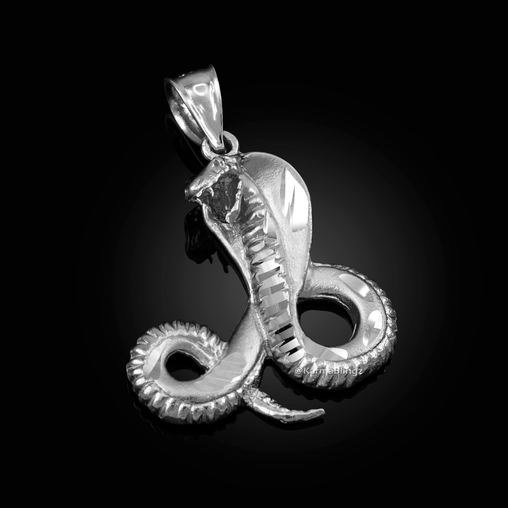 Sterling Silver King Cobra Snake Satin Finish Diamond-Cut Pendant