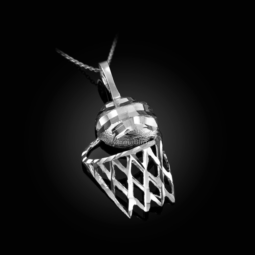 Sterling Silver Basketball Hoop Diamond Cut Sports Pendant Necklace