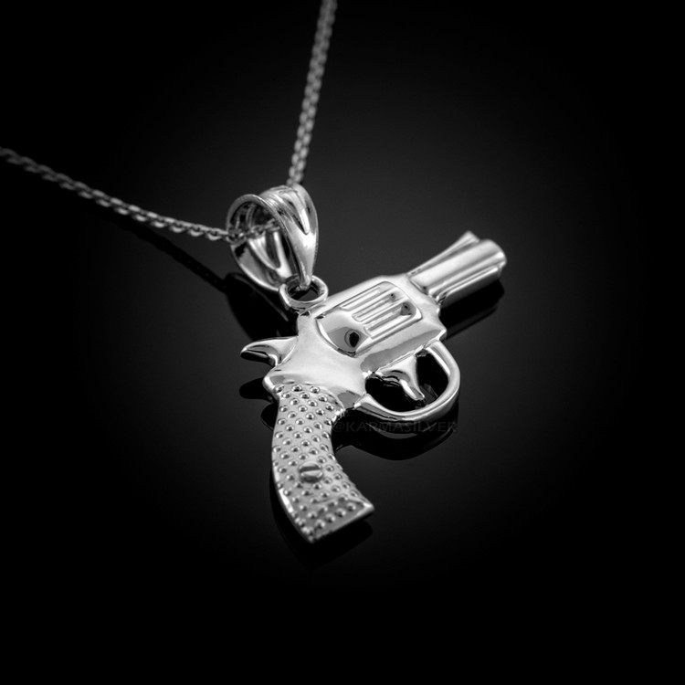 Solid Sterling Silver Revolver Pistol Gun Pendant Necklace