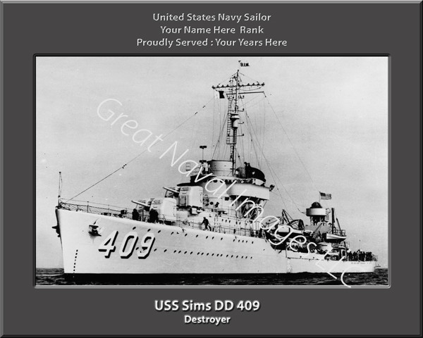 USS Sims DD 409 Personalized Ship Canvas Print