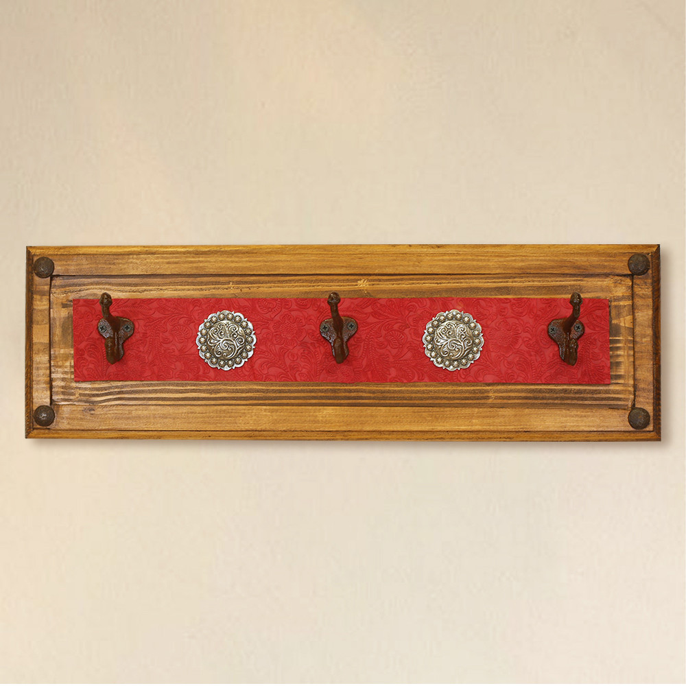 BellaSoleil.com - 3 Hook Red Leather Concho Coat Rack