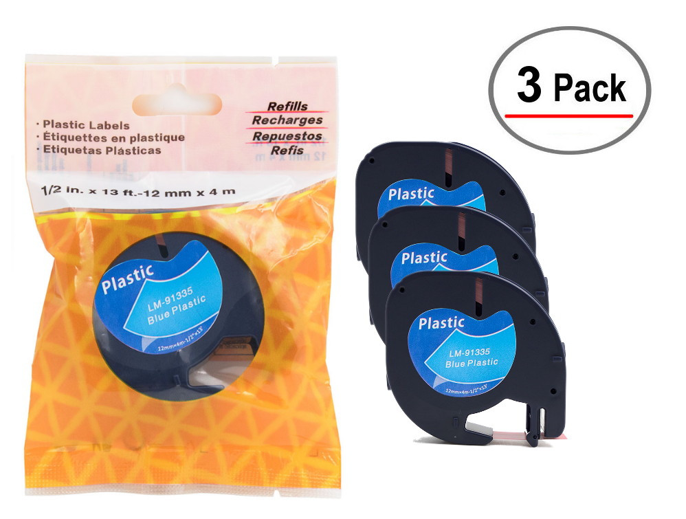 3/Pack Compatible with Dymo 91335 1/2 Blue Plastic Label Machine Tape