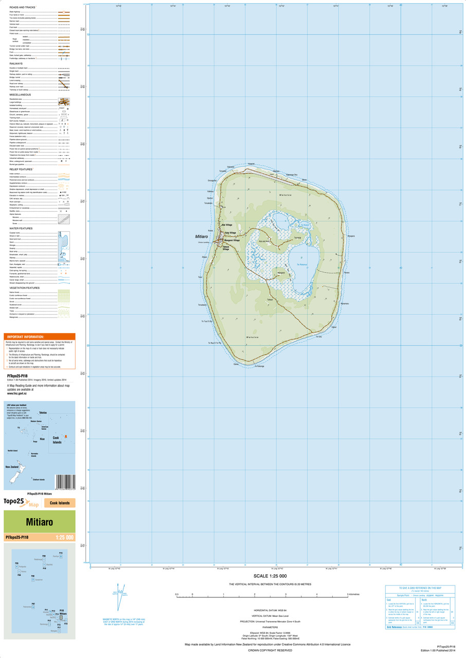 Topographic map of the Mauke in the Pacific at scale 1:25,000 by the NZ ...