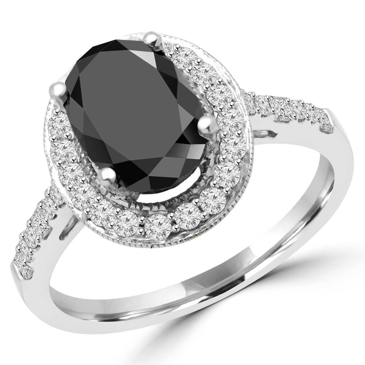 Oval Cut Black Diamond 4-Prong Halo Engagement Ring with Round White ...