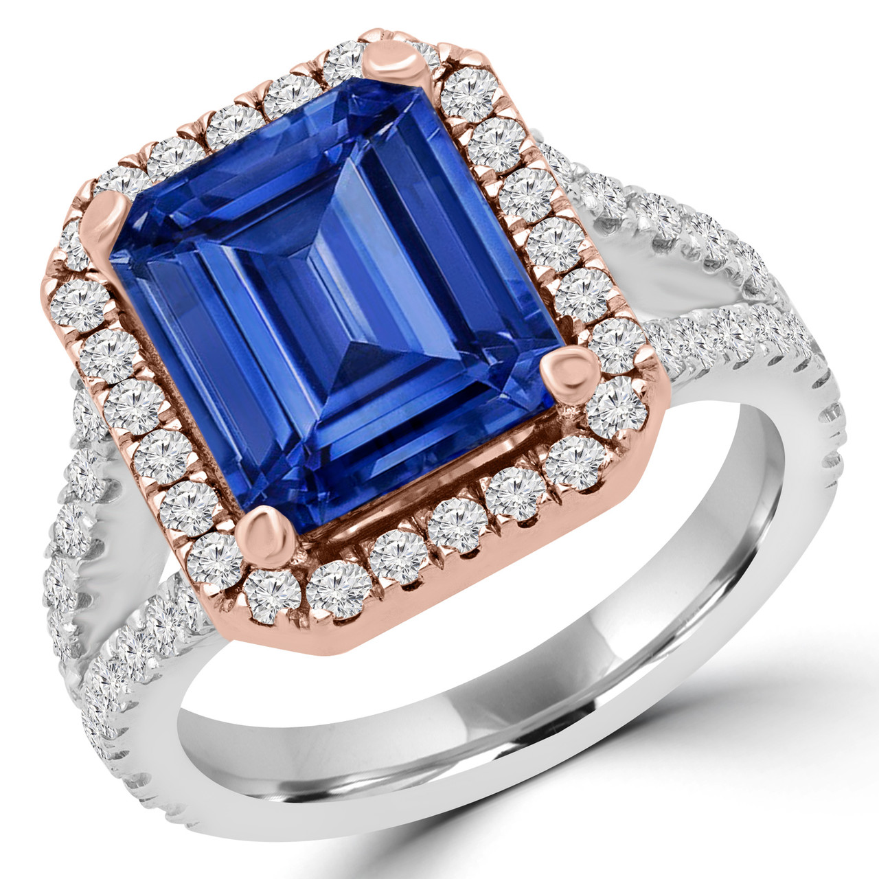 Emerald Purple Tanzanite Split Shank Halo Engagement Ring in Two-tone ...