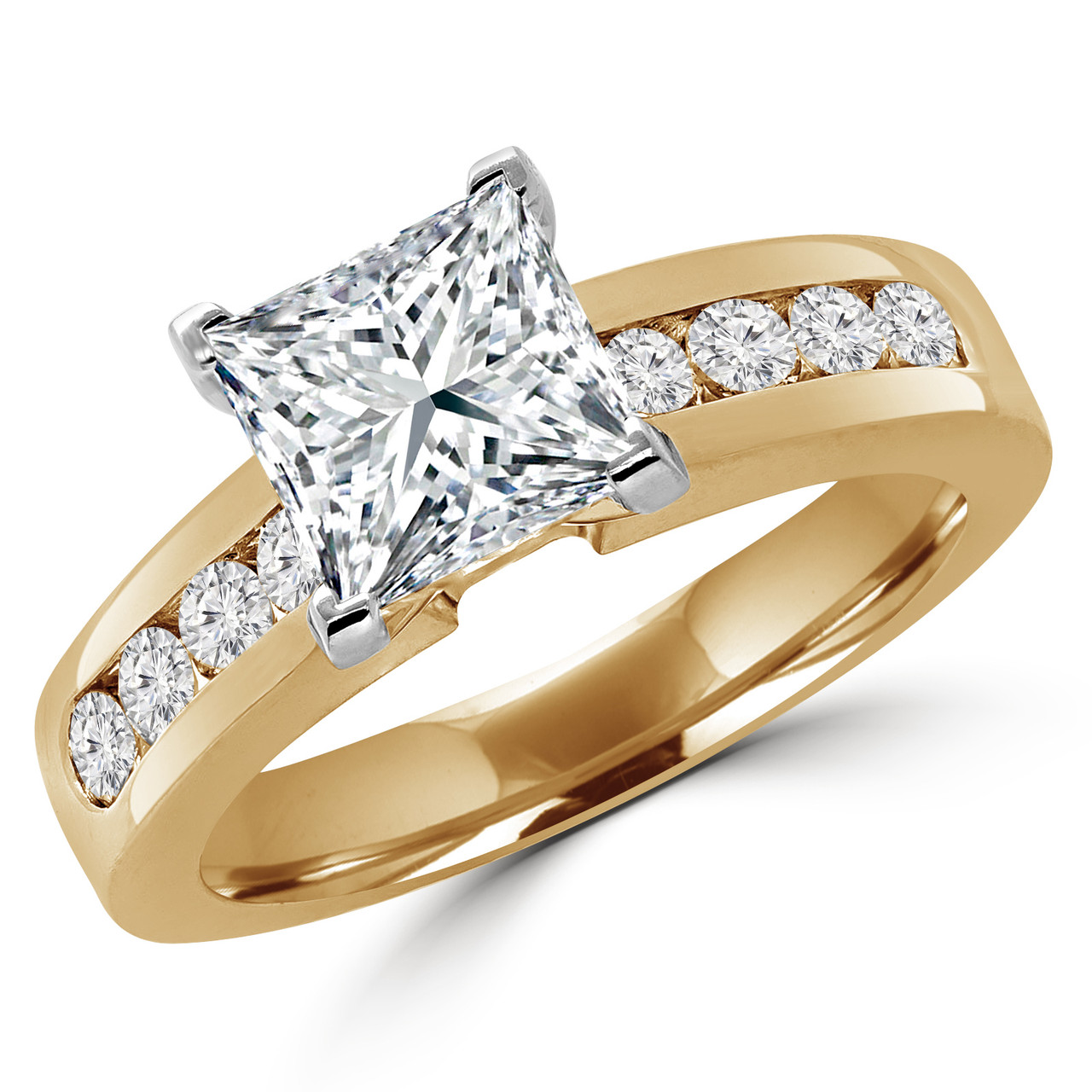 Princess Cut Diamond Multi Stone V Prong Engagement Ring with Round Channel Set Diamond Accents in Yellow Gold 2074LP Y Bijoux Majesty