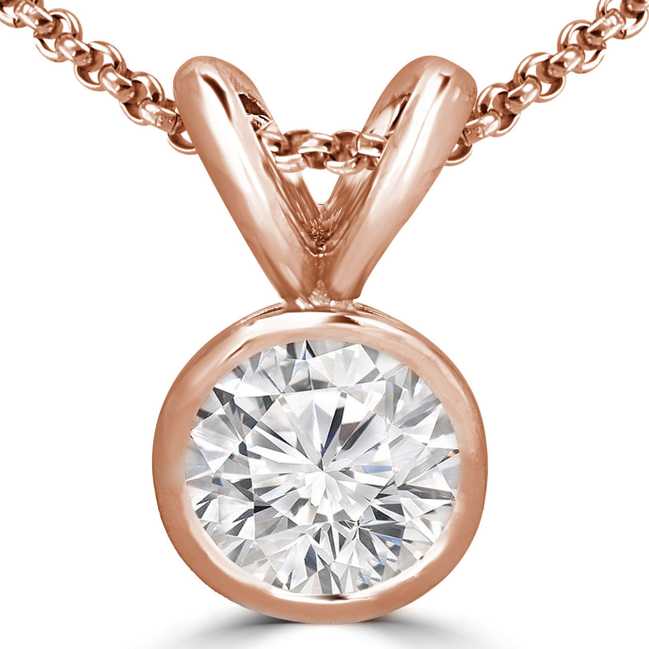 Round Cut Diamond Solitaire Bezel Set Pendant Necklace with Chain in Rose Gold R720 R Bijoux Majesty