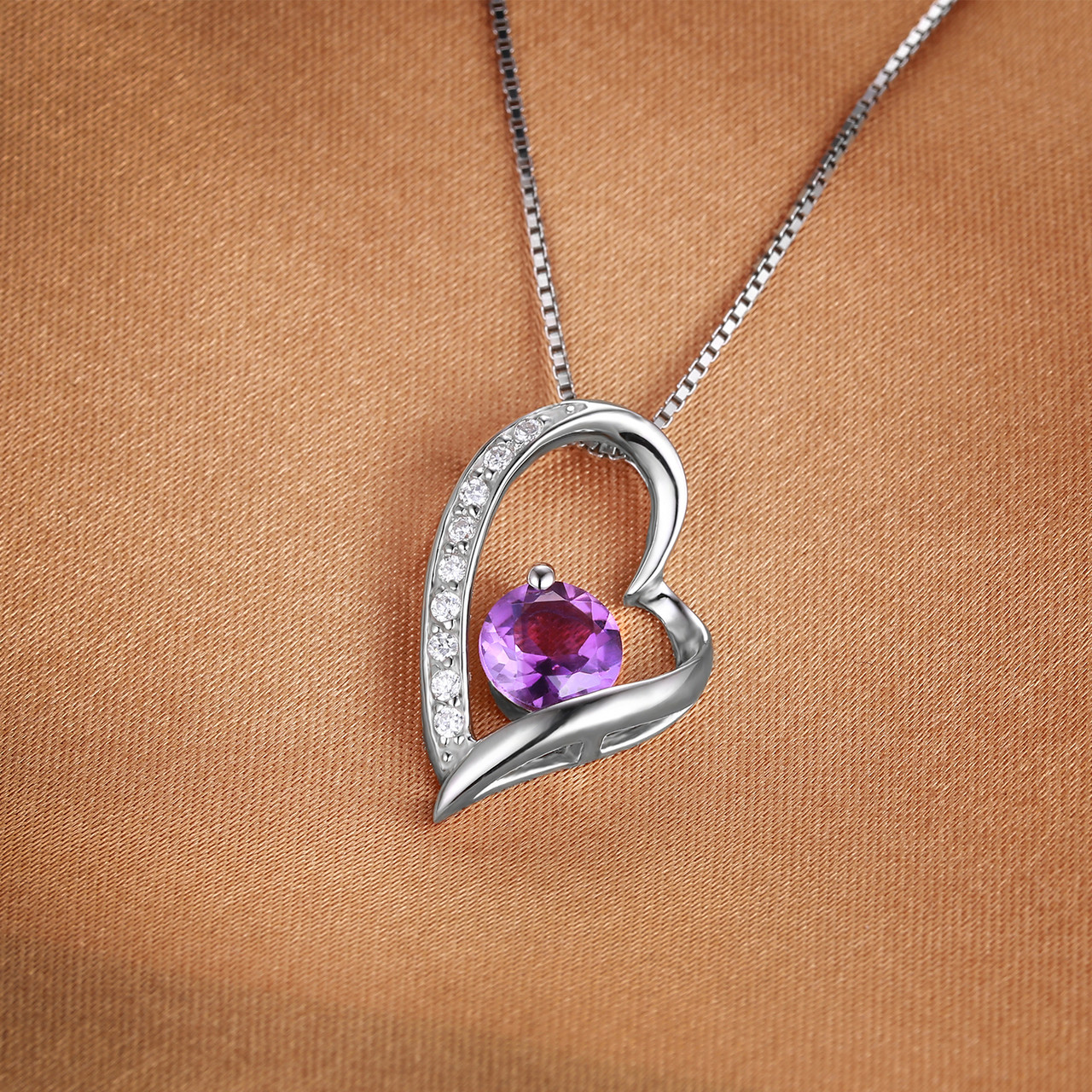 1 2/5 CTW Round Purple Amethyst Heart Pendant Necklace in .925 Sterling ...