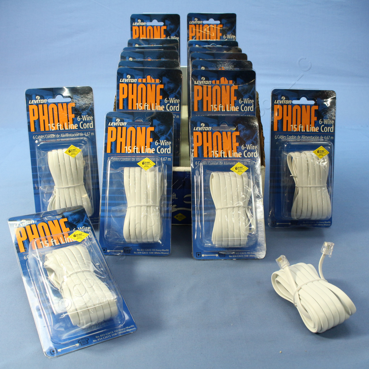 🏠 18 Leviton White 15' Phone Line Extension Cords 6-Wire RJ11 RJ14 RJ25 ...