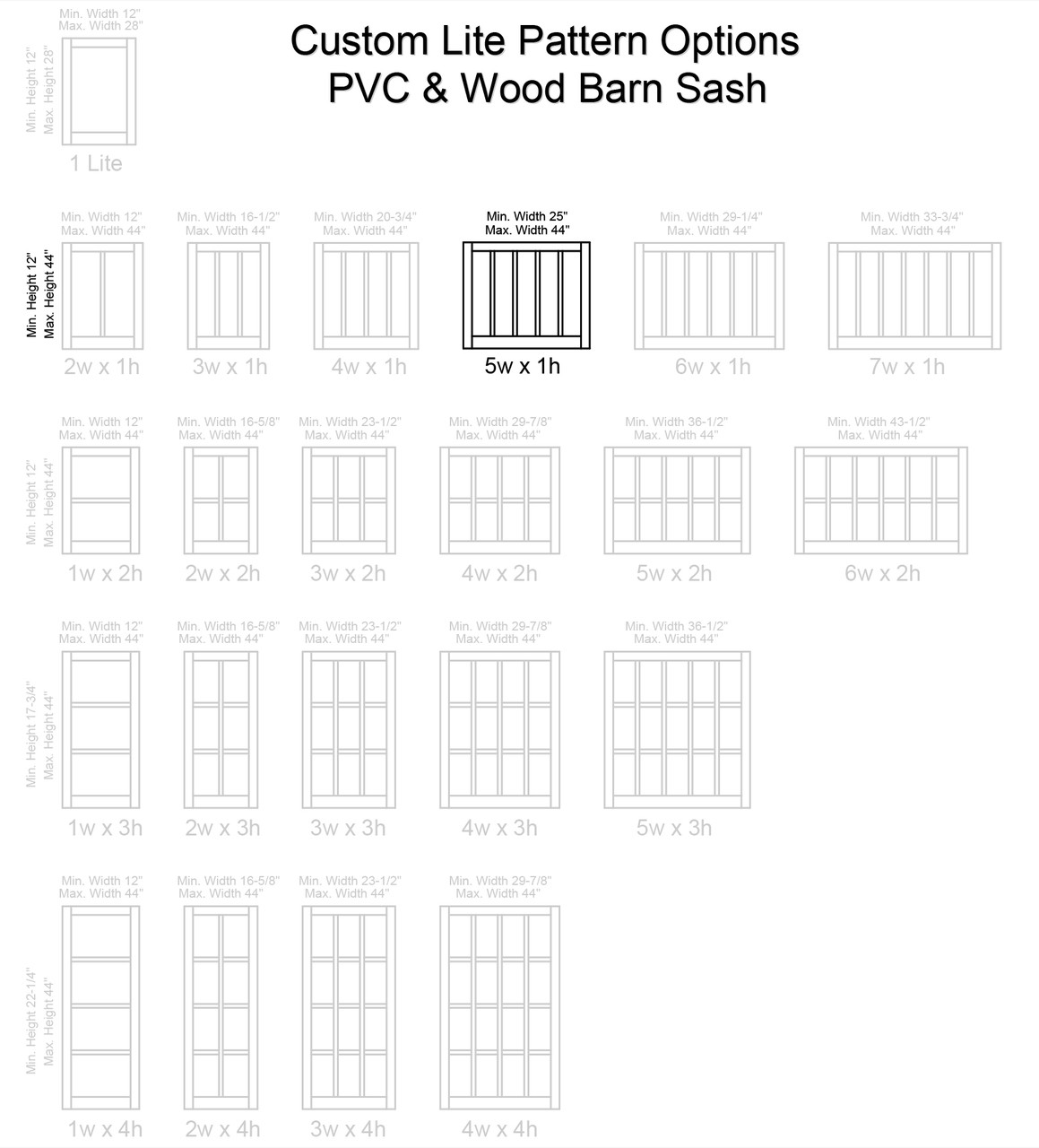 Custom Sized Barn Sash - White PVC or Wood - 5W X 1H Lite Pattern (BS ...