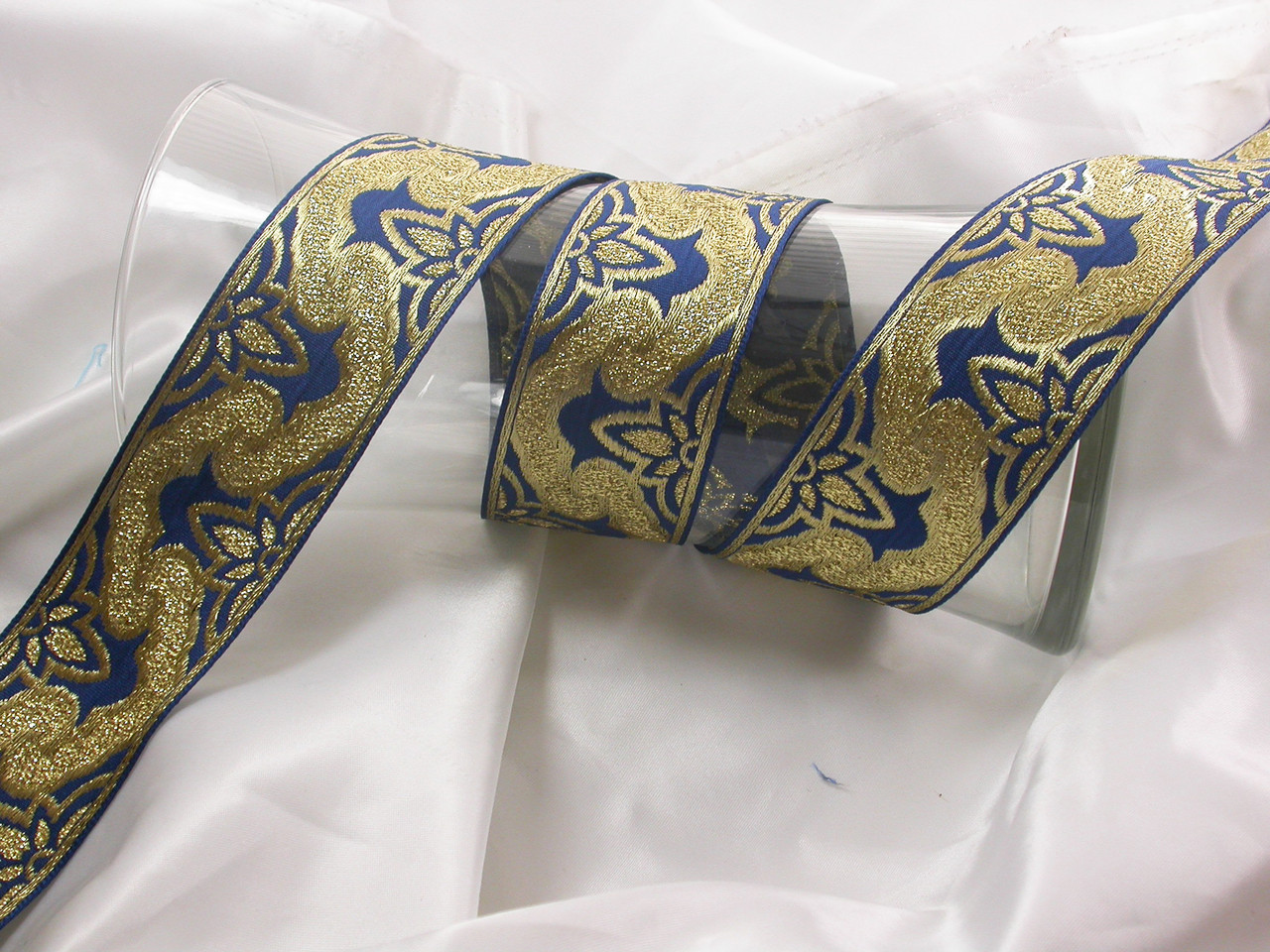 Jacquard Ribbon 1 7/8" Blue & Metallic Gold - PATCHWORK PANDA LLC