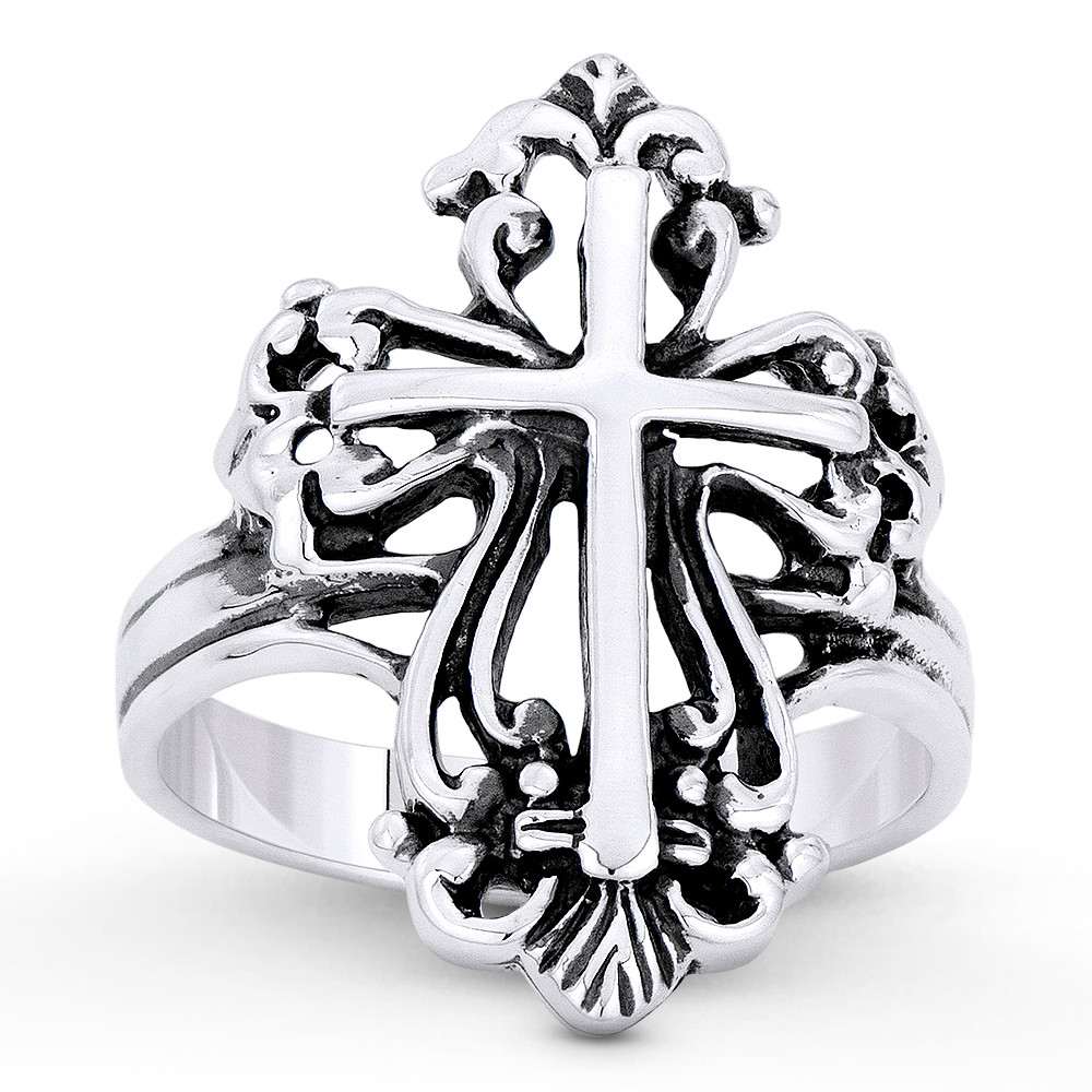 St. Thomas & Latin Cross Religious Charm Wide Ring in Oxidized .925 ...