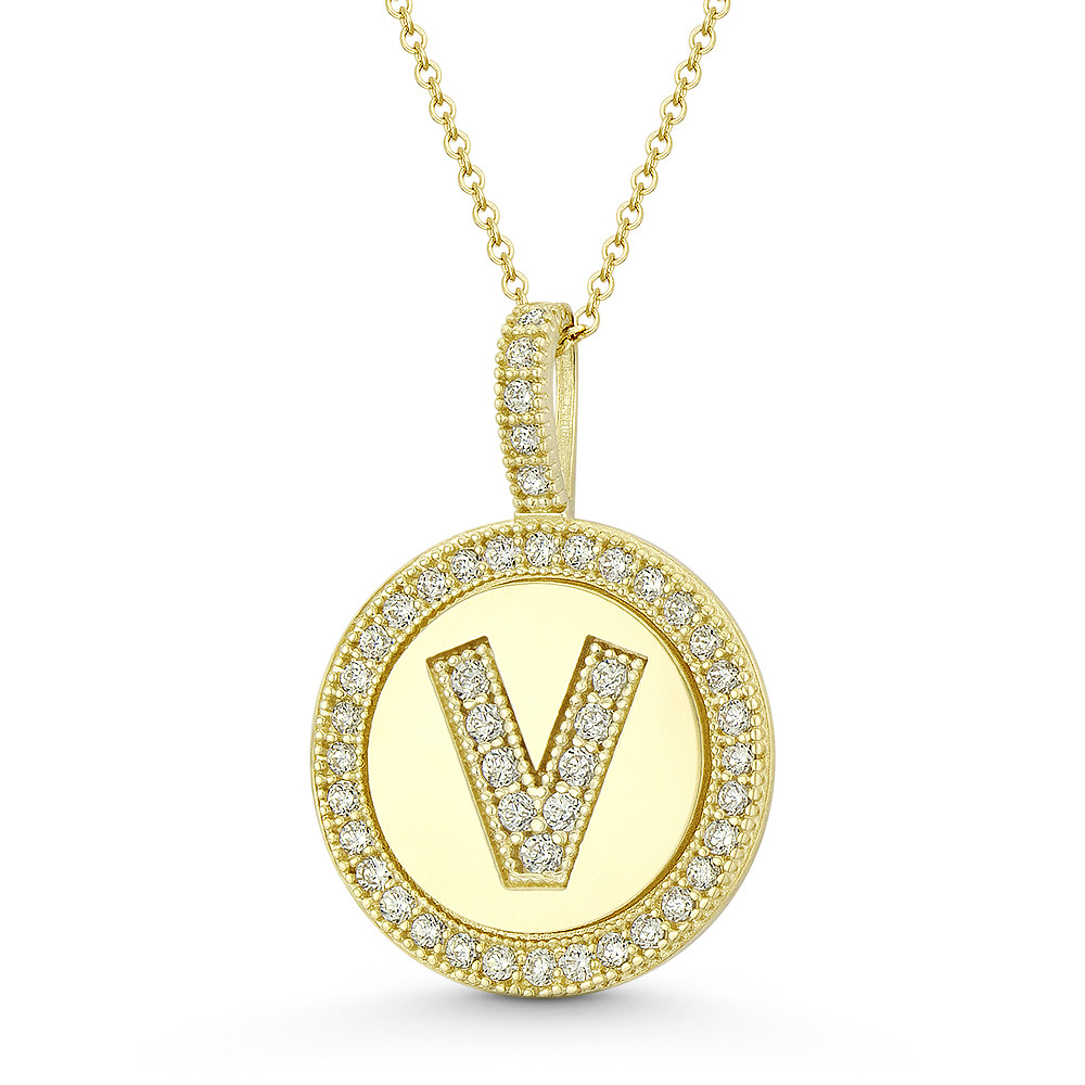 Cubic Zirconia Crystal Pave Initial Letter V Halo Round Disc Pendant in Solid 14k Yellow Gold BD IP3 V DiaCZ 14Y